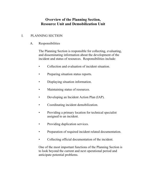 Overview of the Planning Section, Resource Unit and ...