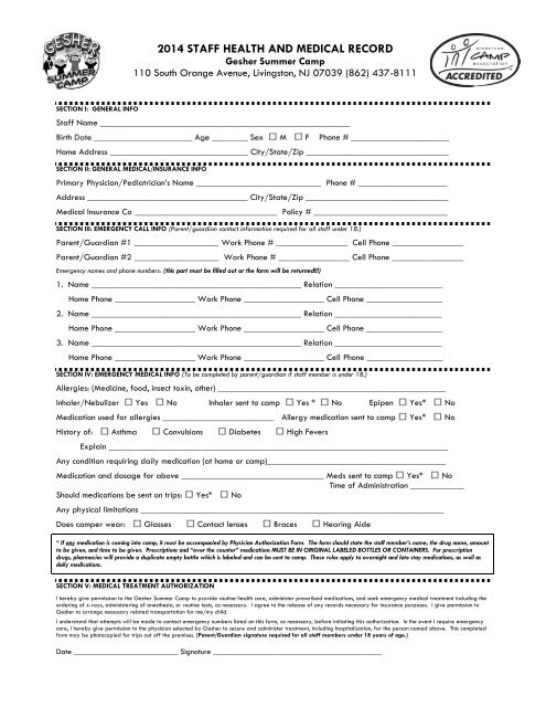Staff Medical Form - Gesher Summer Camp