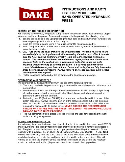 INSTRUCTIONS AND PARTS LIST FOR MODEL 50H HAND ... - Dake