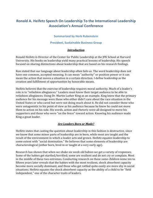 Ronald A. Heifetz Speech On Leadership To the International ...