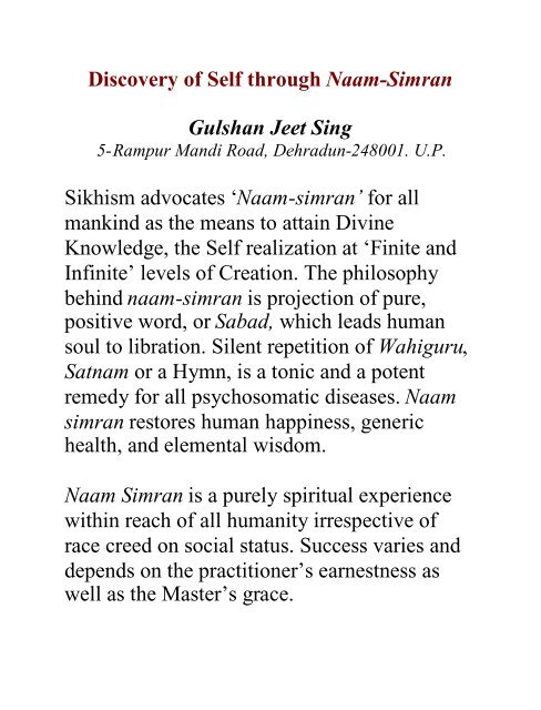 Discovery of Self through Naam-Simran Gulshan Jeet Sing Sikhism ...