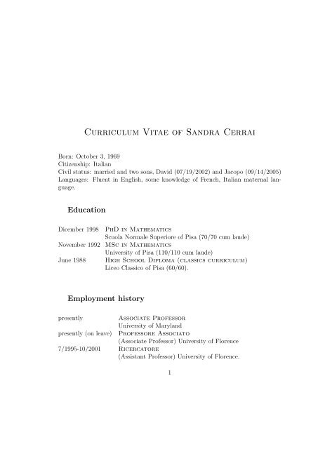Curriculum Vitae of Sandra Cerrai - Math Department - University of ...