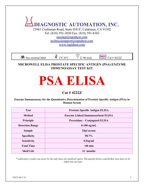 PSA ELISA - Diagnostic Automation : Cortez Diagnostics