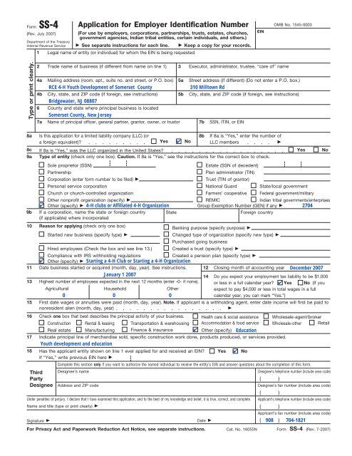 Form SS-4 (Rev. July 2007) - RCE of Somerset County
