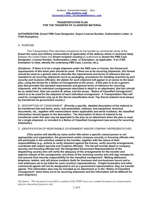 Sample Transportation Plan - Avanco International, Inc.