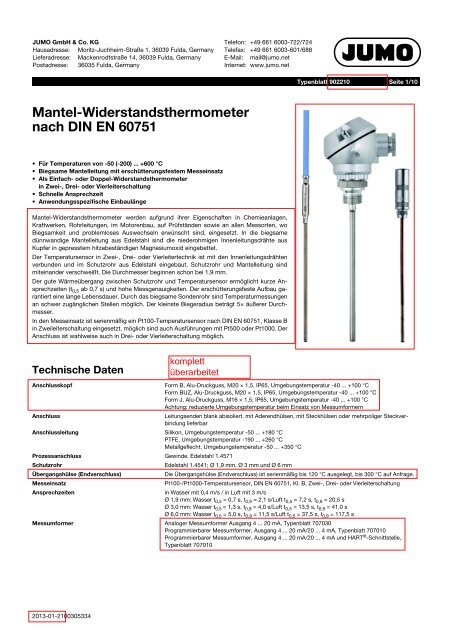 Mantel-Widerstandsthermometer nach DIN EN 60751 - Jumo