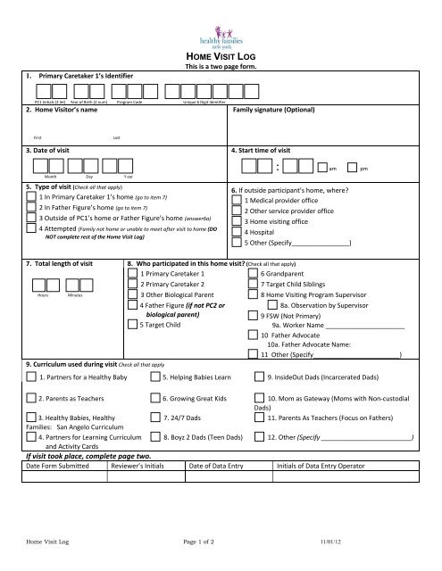 HOME VISIT LOG If visit took place, complete page two. - Healthy ...