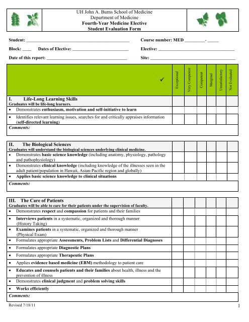 Fourth Year Medicine Elective Student Evaluation Form fourth-year-medicine-elective-student-evaluation-form