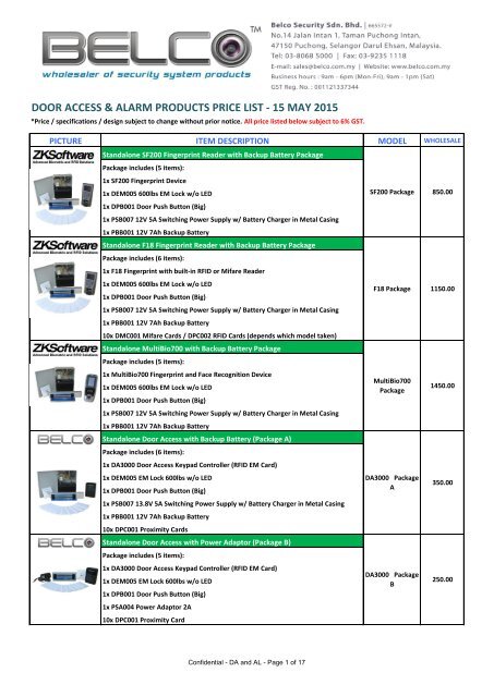 door access & alarm products price list - BELCO Marketing