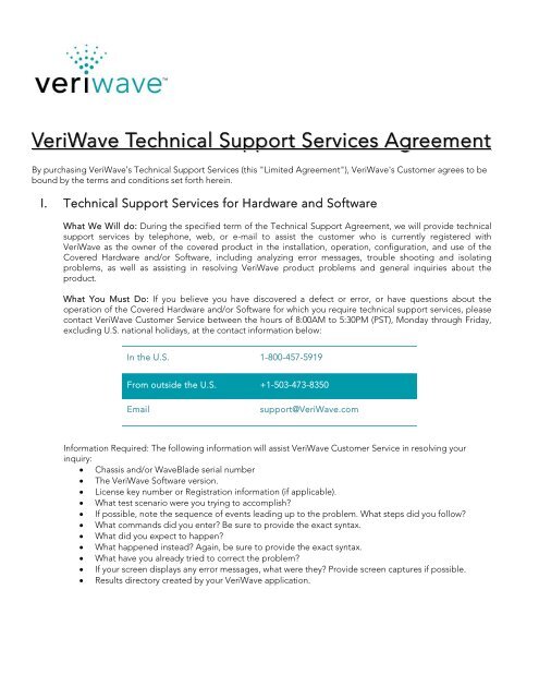 VeriWave Technical Support Services Agreement
