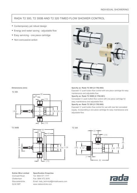 rada t2 300, t2 300b and t2 320 timed flow shower control