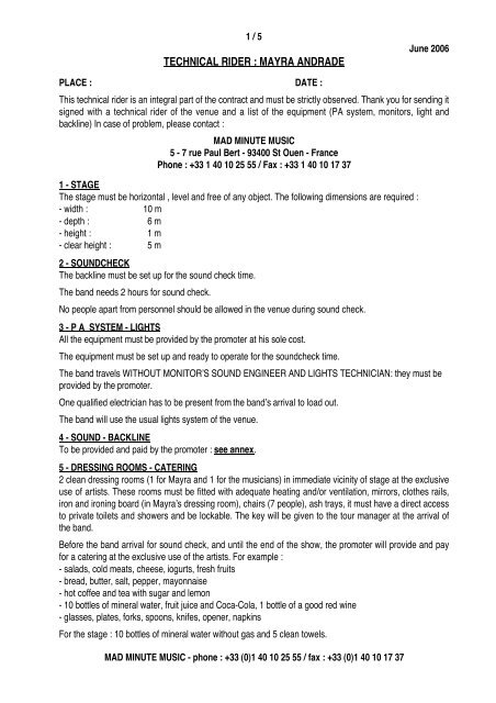 TECHNICAL RIDER : MAYRA ANDRADE - Mad Minute Music