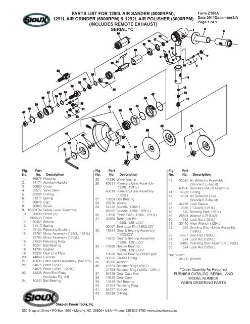PARTS LIST FOR 1290L AIR SANDER (6000RPM ... - Sioux Tools