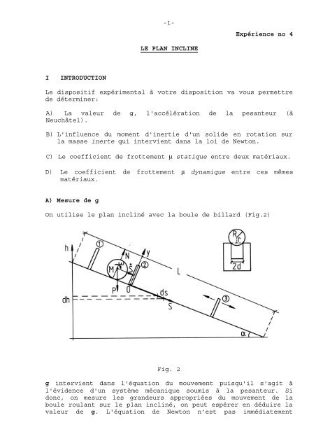 -1- ExpÃ©rience no 4 LE PLAN INCLINE I INTRODUCTION Le ...