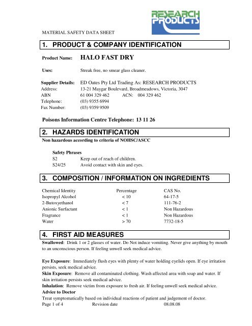 Halo Fast Dry - msds - Rapidcleanperth.com.au