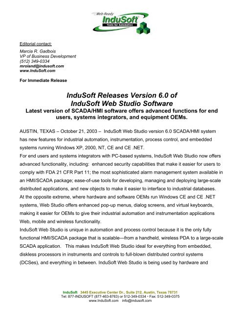 InduSoft Releases Version 6.0 of InduSoft Web Studio Software