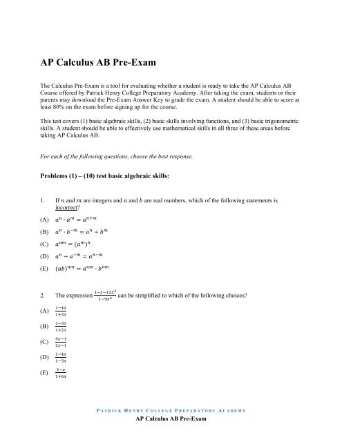AP Calculus AB Pre-Exam - PHC Prep