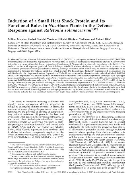 Induction of a Small Heat Shock Protein and Its ... - Plant Physiology