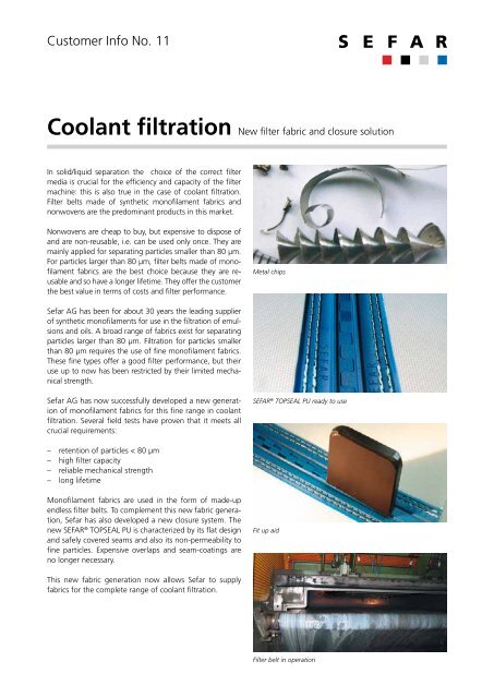 Coolant filtration - SEFAR