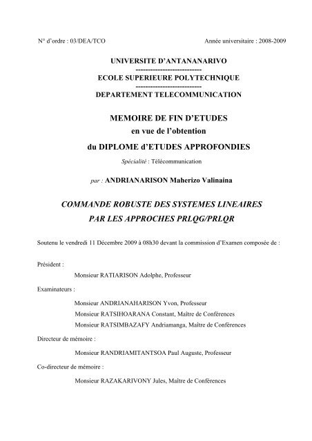 MEMOIRE DE FIN D'ETUDES en vue de l'obtention du DIPLOME d ...