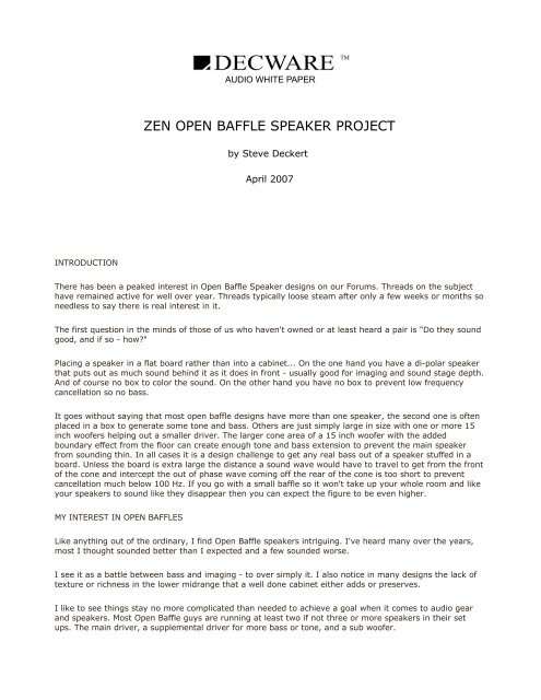 ZEN OPEN BAFFLE SPEAKER PROJECT - Decware
