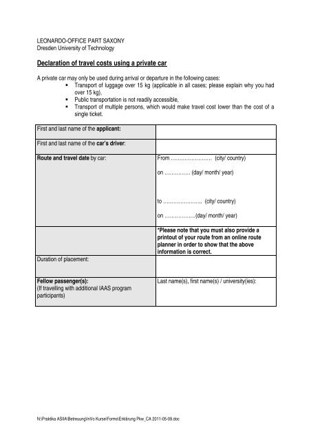 Declaration of travel costs using a private car