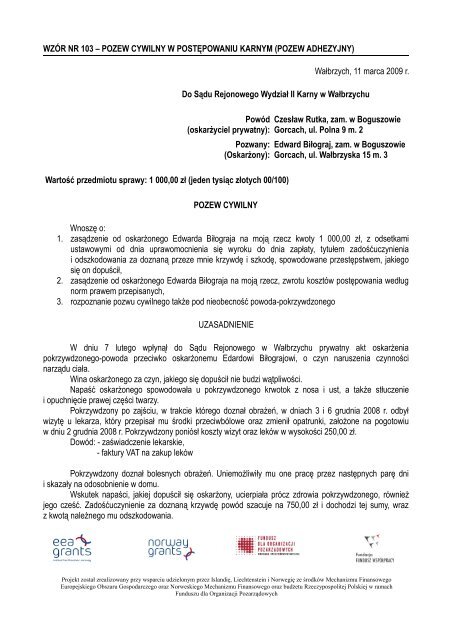 WZÃ R NR 103 â POZEW CYWILNY W POSTÄ POWANIU KARNYM ...