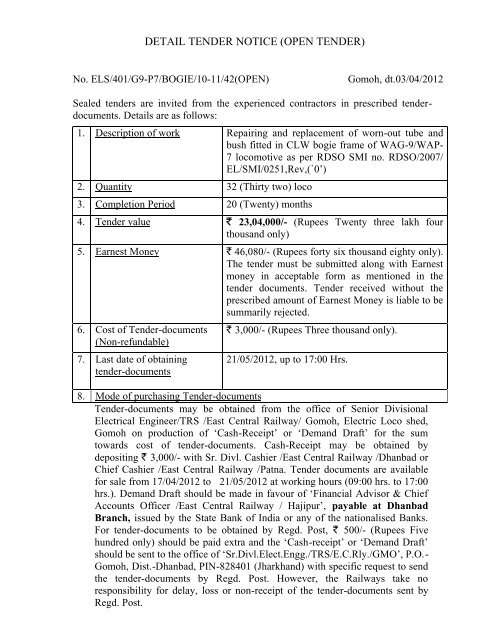 DETAIL TENDER NOTICE (OPEN TENDER) - East Central Railway
