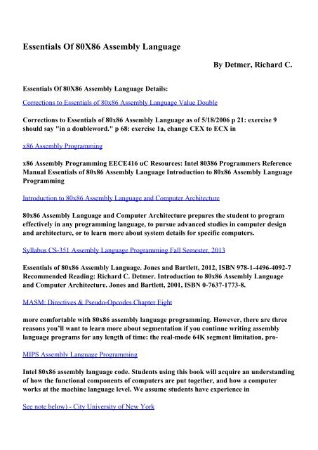 Download Essentials Of 80x86 Assembly Language Pdf Ebooks By