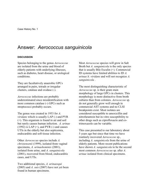 Aerococcus sanguinicola septicemia - by Hardy Diagnostics
