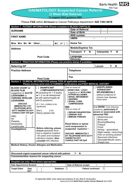 Haematology referral form - Barts Health NHS Trust