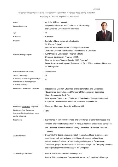 Biography of Directors Proposed for Re-election