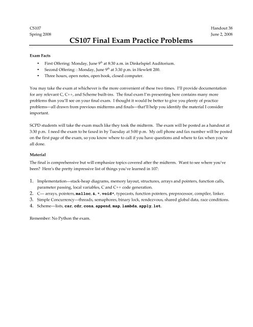 CS107 Final Exam Practice Problems - Stanford Engineering ...