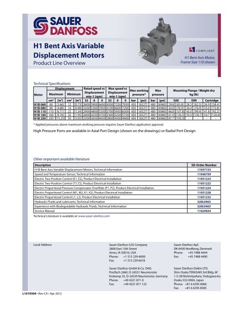 H1 Bent Axis Variable Displacement Motors - Sauer-Danfoss