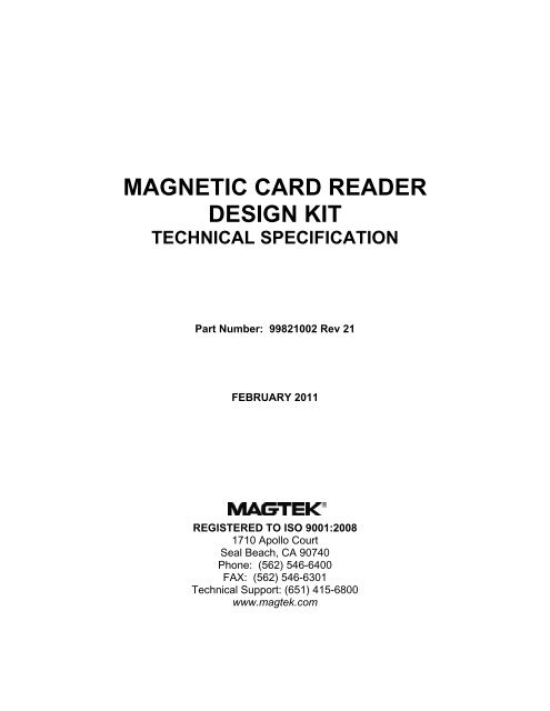 Magnetic Card Reader Design Kit, Technical Specification - MagTek