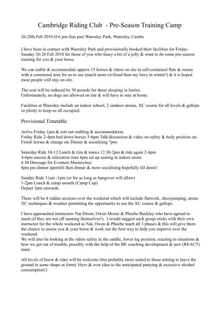 Cambridge Riding Club - Pre-Season Training Camp