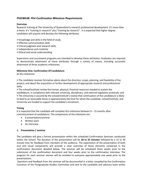 PhD/MA/M. Phil Confirmation Milestone Requirements Overview ...