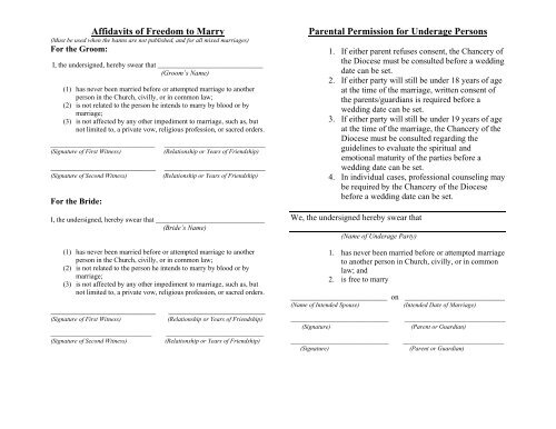 Affidavits of Freedom to Marry Parental Permission for Underage ...
