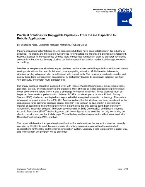 Practical Solutions for Unpiggable Pipelines - ROSEN Inspection ...