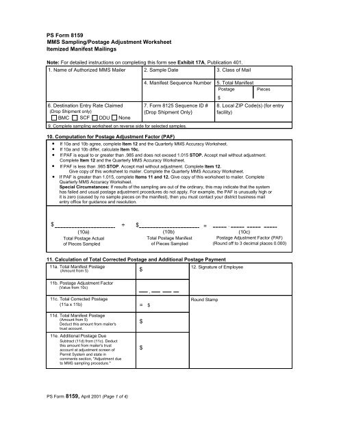 PS Form 8159 MMS Sampling Postage NALC Branch 78 ps-form-8159-mms-sampling-postage-nalc-branch-78