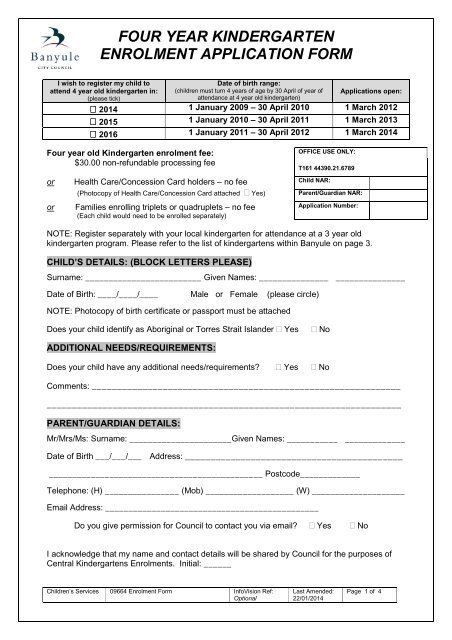 four year old kindergarten enrolment form - Banyule City Council