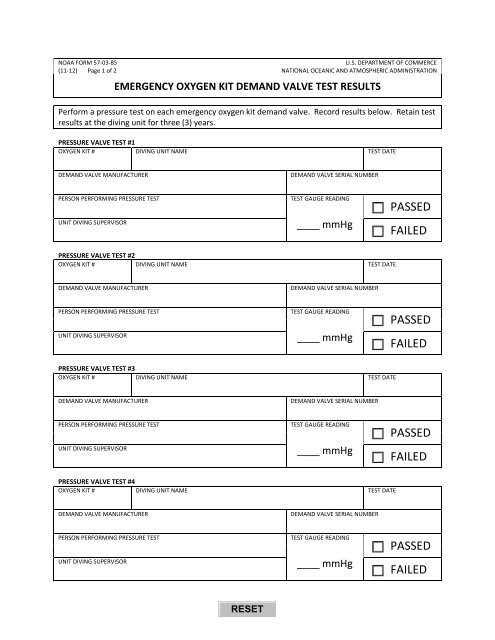 NOAA Form 57-03-85 Oxygen Kit Valve Test