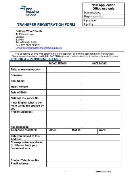 TRANSFER REGISTRATION FORM - One Housing Group