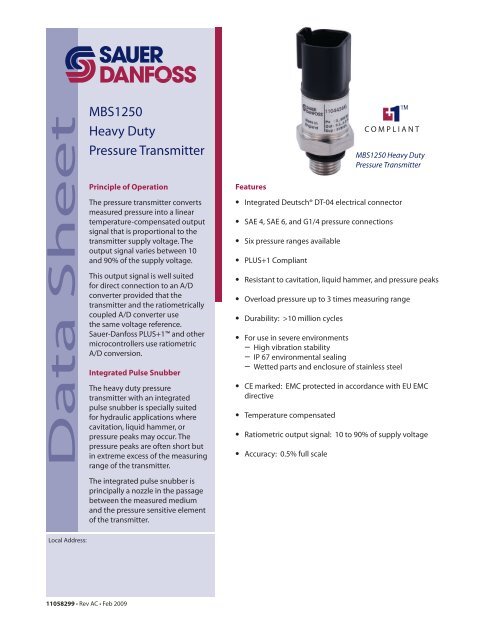 MBS1250 Heavy Duty Pressure Transmitter - Sauer-Danfoss