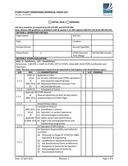 GTF-ETP-002 ETOPS Flight Operations Approval Checklist Rev. 1 GTF-ETP-002 ETOPS Flight Operations Approval Checklist Rev. 1