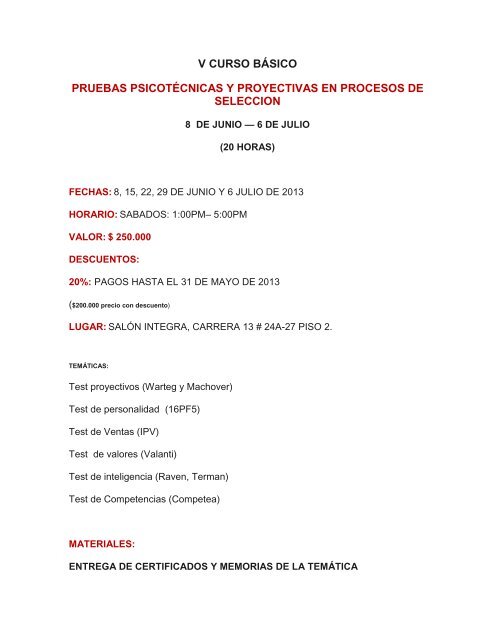 v curso básico pruebas psicotécnicas y proyectivas en procesos de ... v curso básico pruebas psicotécnicas y proyectivas en procesos de ...
