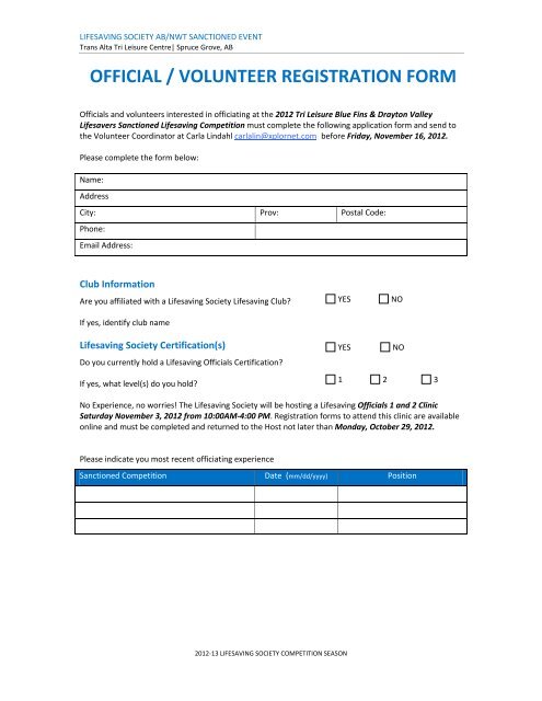 OFFICIAL / VOLUNTEER REGISTRATION FORM - Lifesaving Society