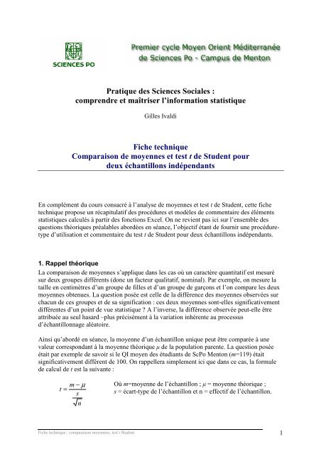 Fiche technique Comparaison de moyennes et test t de Student ...