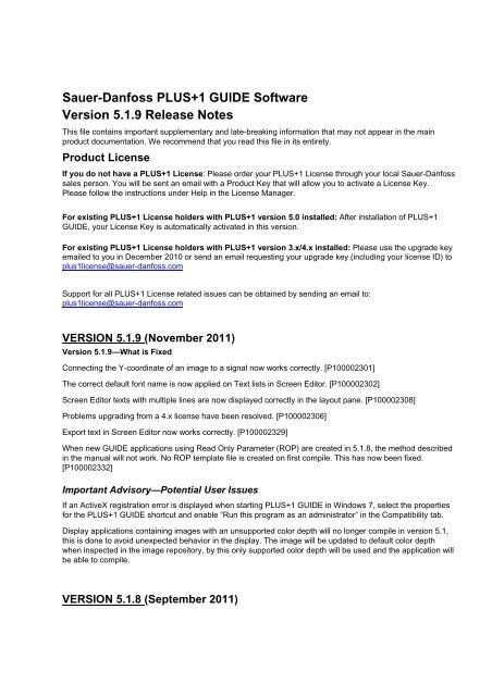 Sauer-Danfoss PLUS+1 GUIDE Software Version 5.1.9 Release Notes