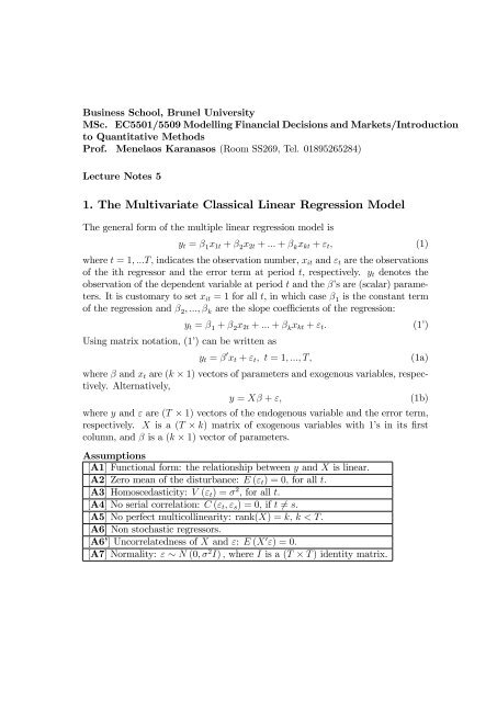1. The Multivariate Classical Linear Regression Model - Professor ...